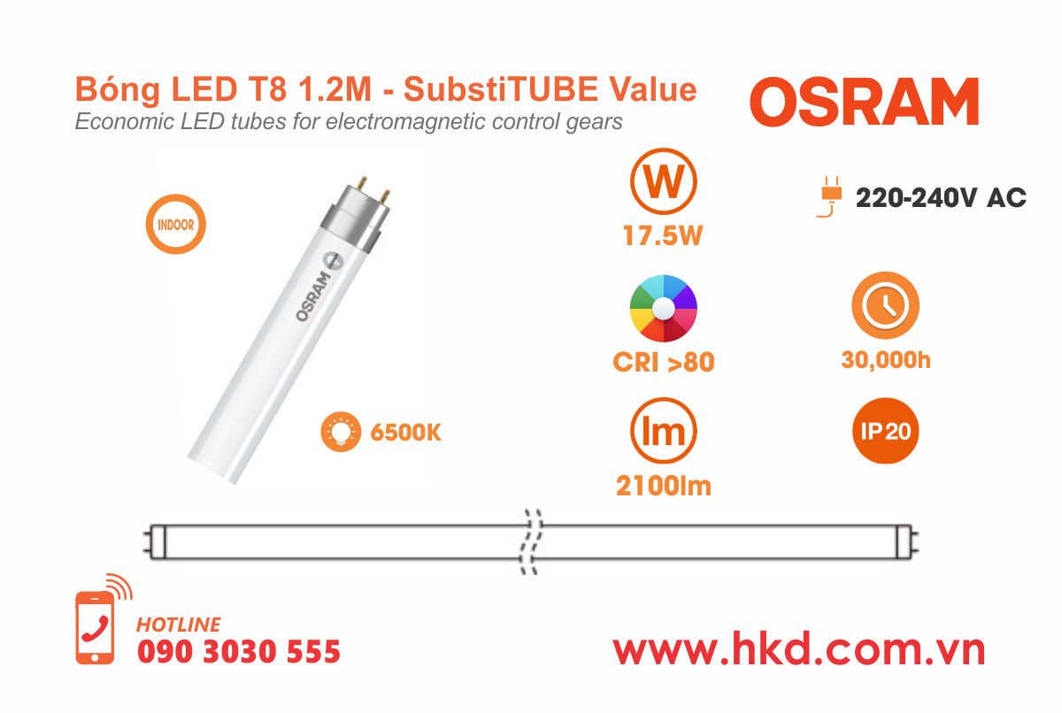 Bóng LED T8 1.2M OSRAM - ST8V-EM 17.5 W/6500K 1200mm